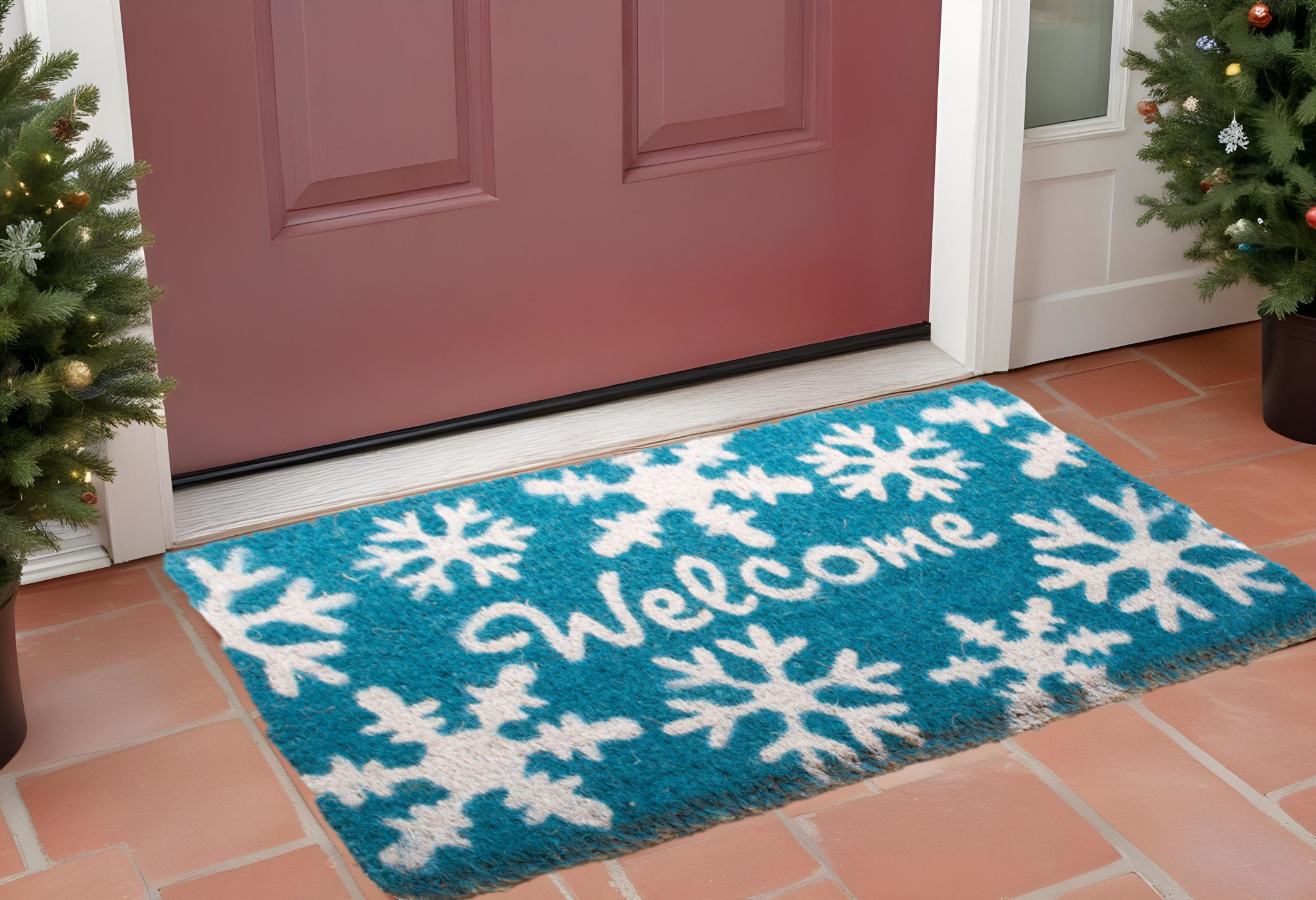 HomeRoots 18" X 30" Aqua Blue and White Coir Snowflake Welcome Outdoor Winter Door Mat | Wayfair
